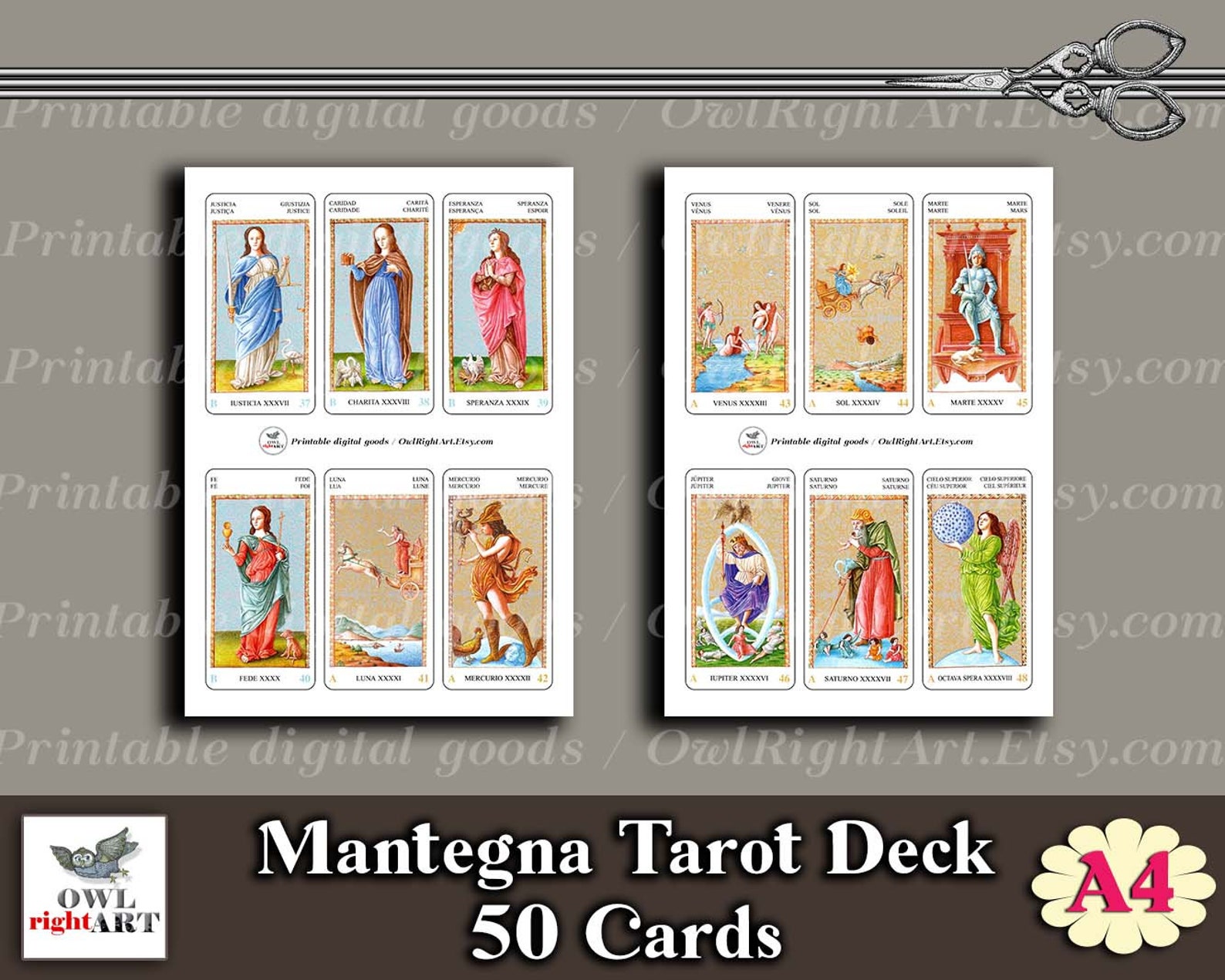 Medieval Mantegna Tarot Cards A4, Printable Italian Tarocchi 50 Cards ...