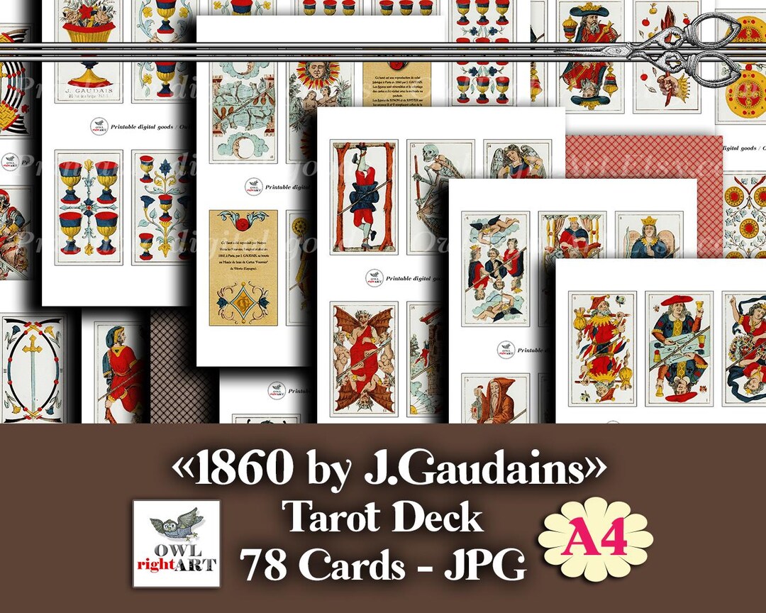 Printable Tarot Cards 1860 J.gaudains A4, French Tarot Deck of 78 Fortune Telling Cards, Digital ...