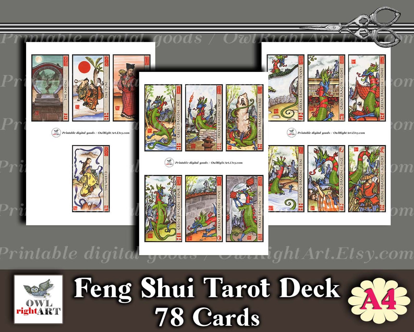 Printable Feng Shui Tarot 78 Cards A4, Digital Chinese Tarot Cards Deck ...