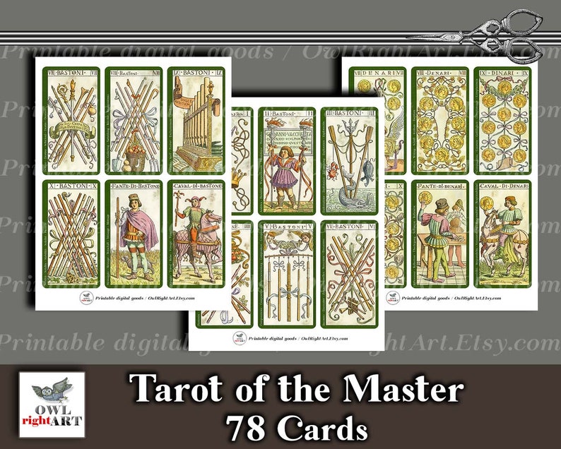 Tarot of the Master Printable Deck of 78 Cards, Vintage Italian Tarot ...