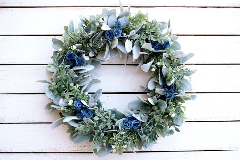 Spring Greenery Wreath With Blue Roses Farmhouse Wreath - Etsy
