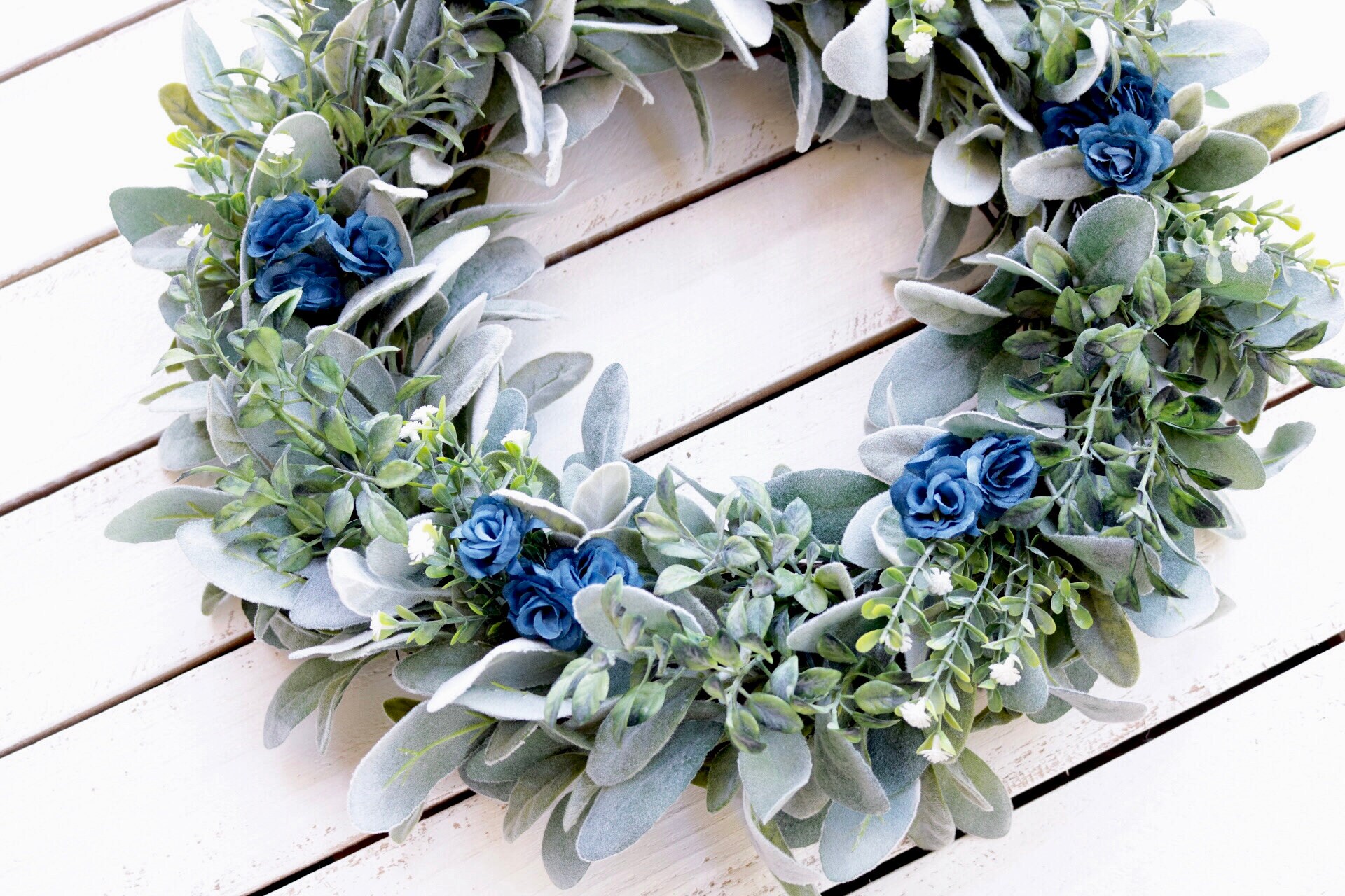 Spring Greenery Wreath With Blue Roses Farmhouse Wreath - Etsy