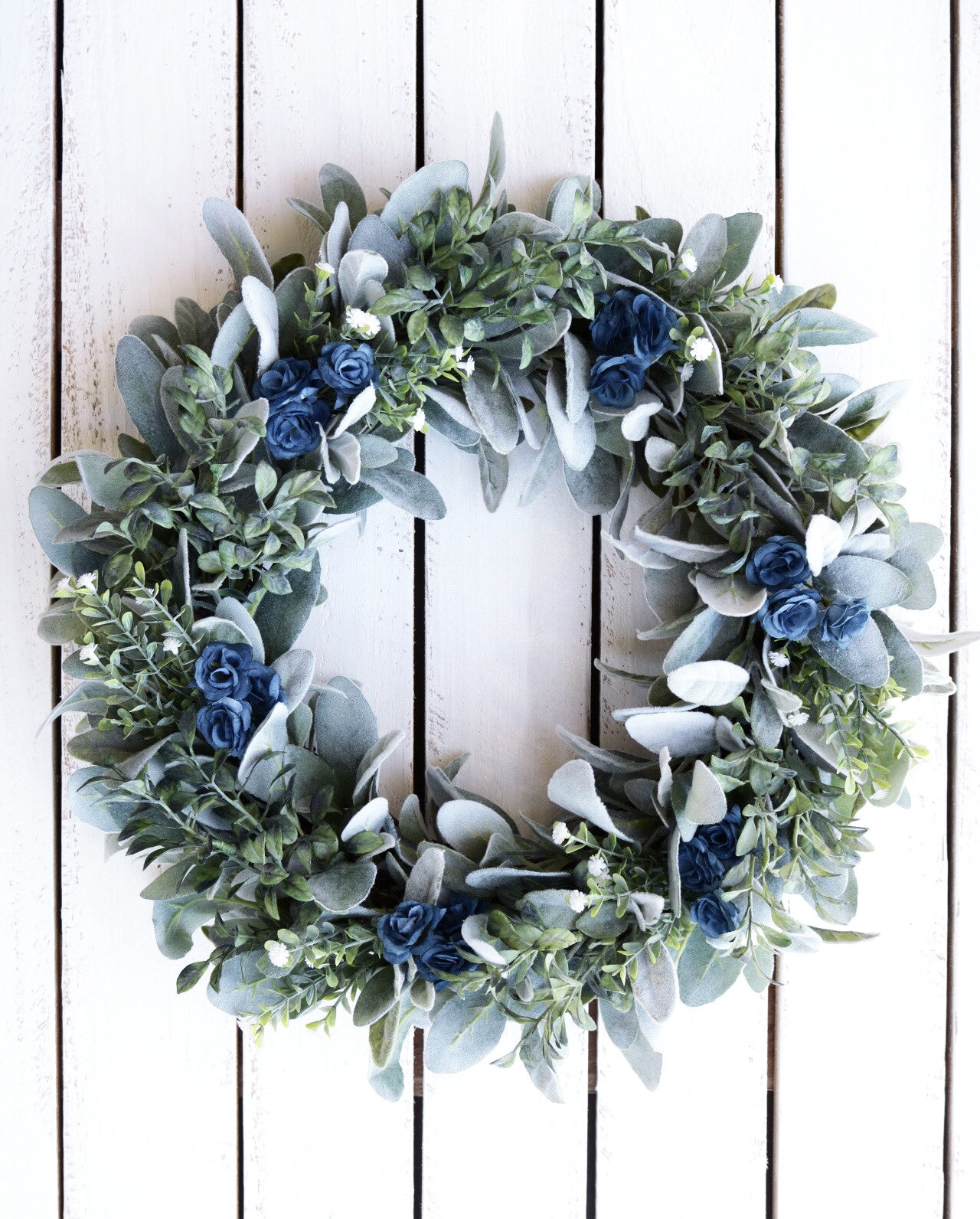 Spring Greenery Wreath With Blue Roses Farmhouse Wreath | Etsy