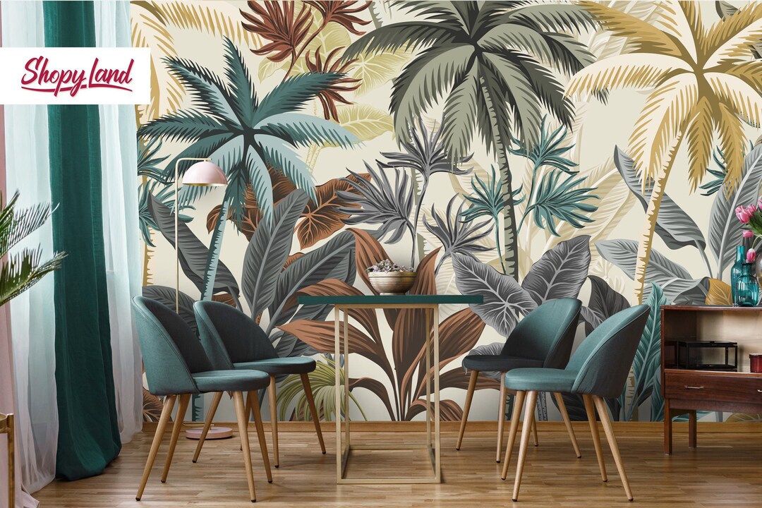 Subtle Jungle Removable Wallpaper, Modern Colors Tropical Wallpaper ...