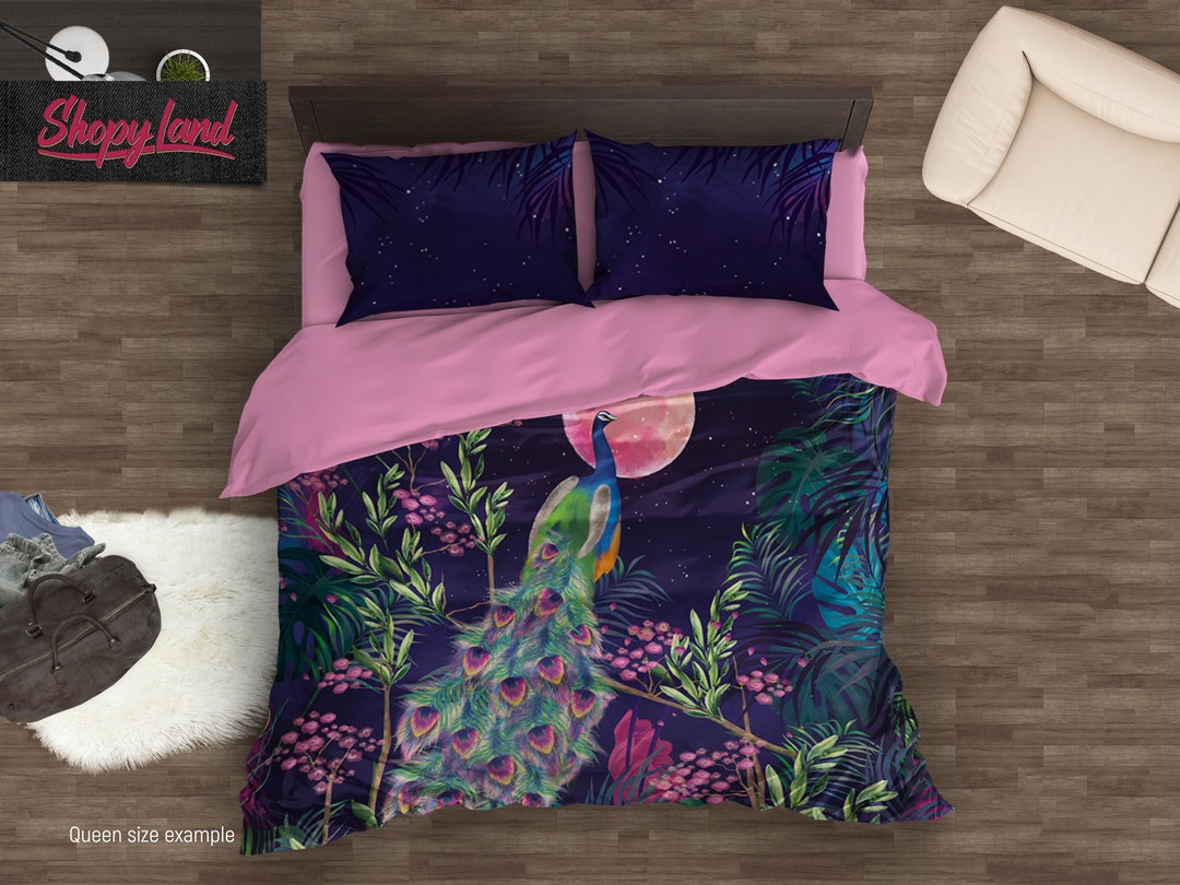 Peacock Bedding Set Duvet Cover Set Bohemian Bird Peafowl Etsy