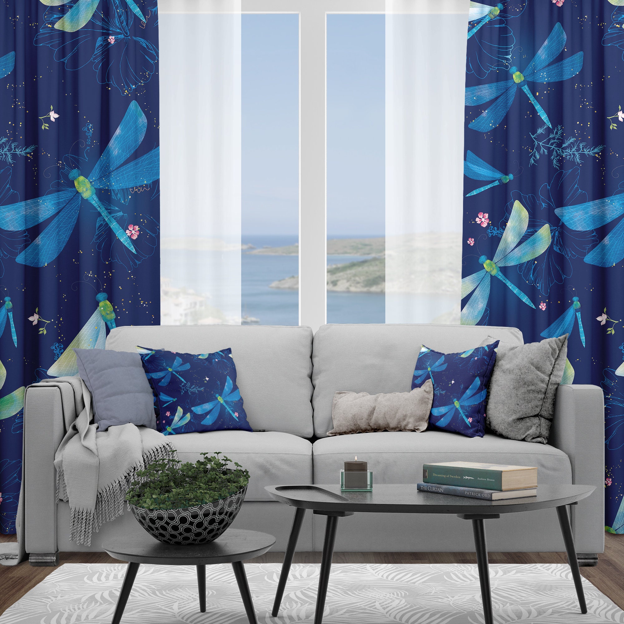 Window Curtains Dragonfly, Handmade Window Drapery, Flying Dragonflies ...