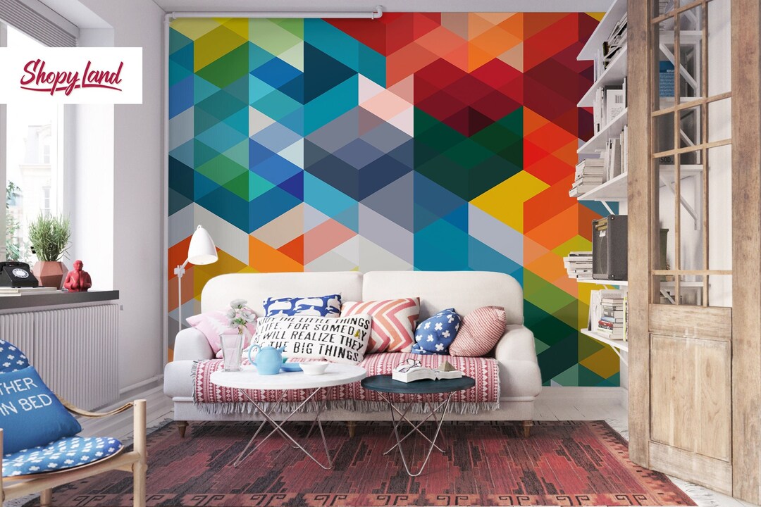 Geometric Rainbow Wallpaper – Unpasted or Removable – Colorful 3D ...