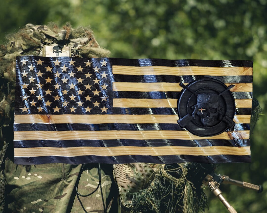 American Wavy Flag With Inlay Military Insignia Wooden Flag Gift Man ...