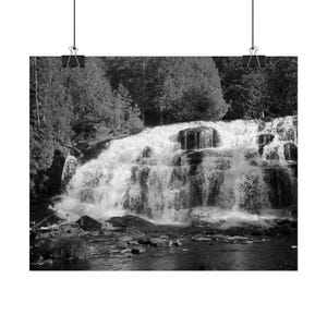 Black & White Waterfalls Surrounded by Trees Photography Poster Print ...