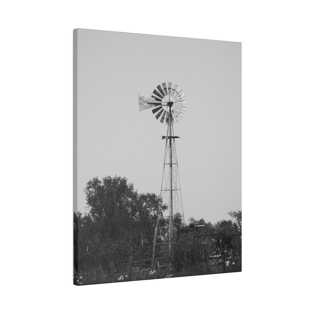 Black & White Windmill in a Texas Field Matte Canvas Stretched Framed Ready to Hang Original ...