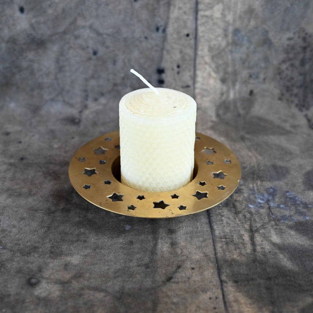 Celestial Pillar Candle Holder With Stars Cutouts - Brass Altar Plate ...