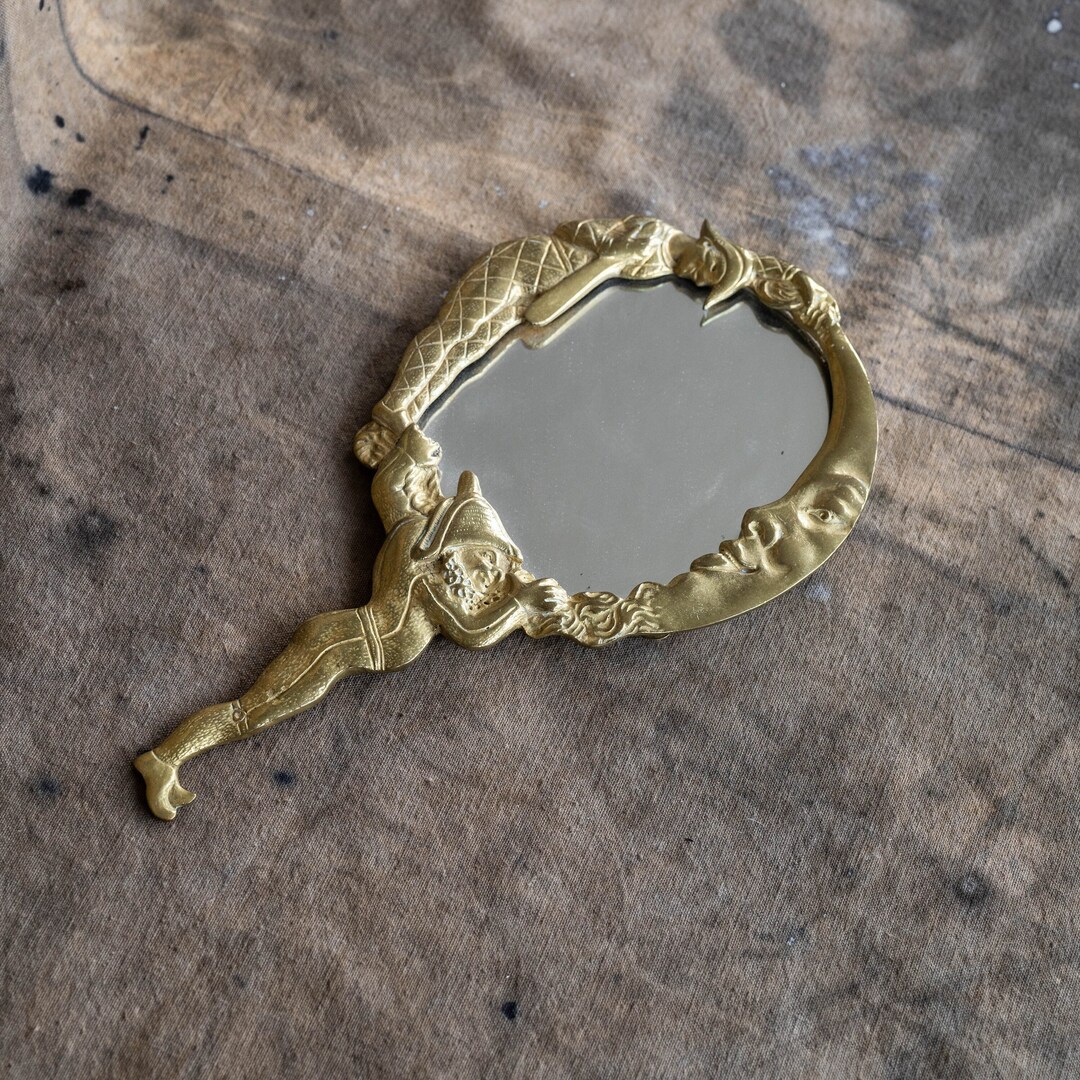 Celestial Moon Brass Vanity Mirror – Art Nouveau Handheld Pierrot ...