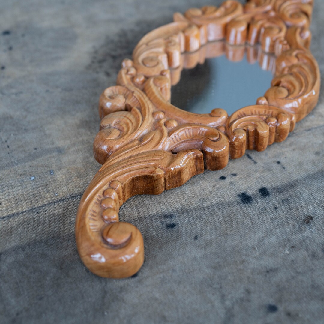 Carved Wood Hand Mirror With Handle Vintage Wooden Handheld Mirror ...