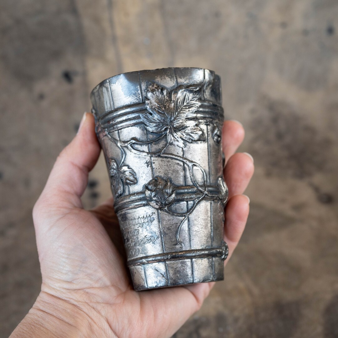 Silver Tone Beaker Antique Metal Cup With Silver Floral Grape Vine ...