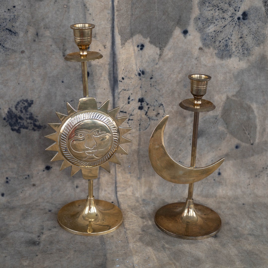 Celestial Candle Holder Sun and Moon Candlestick Vintage Brass Candle Stick - Etsy