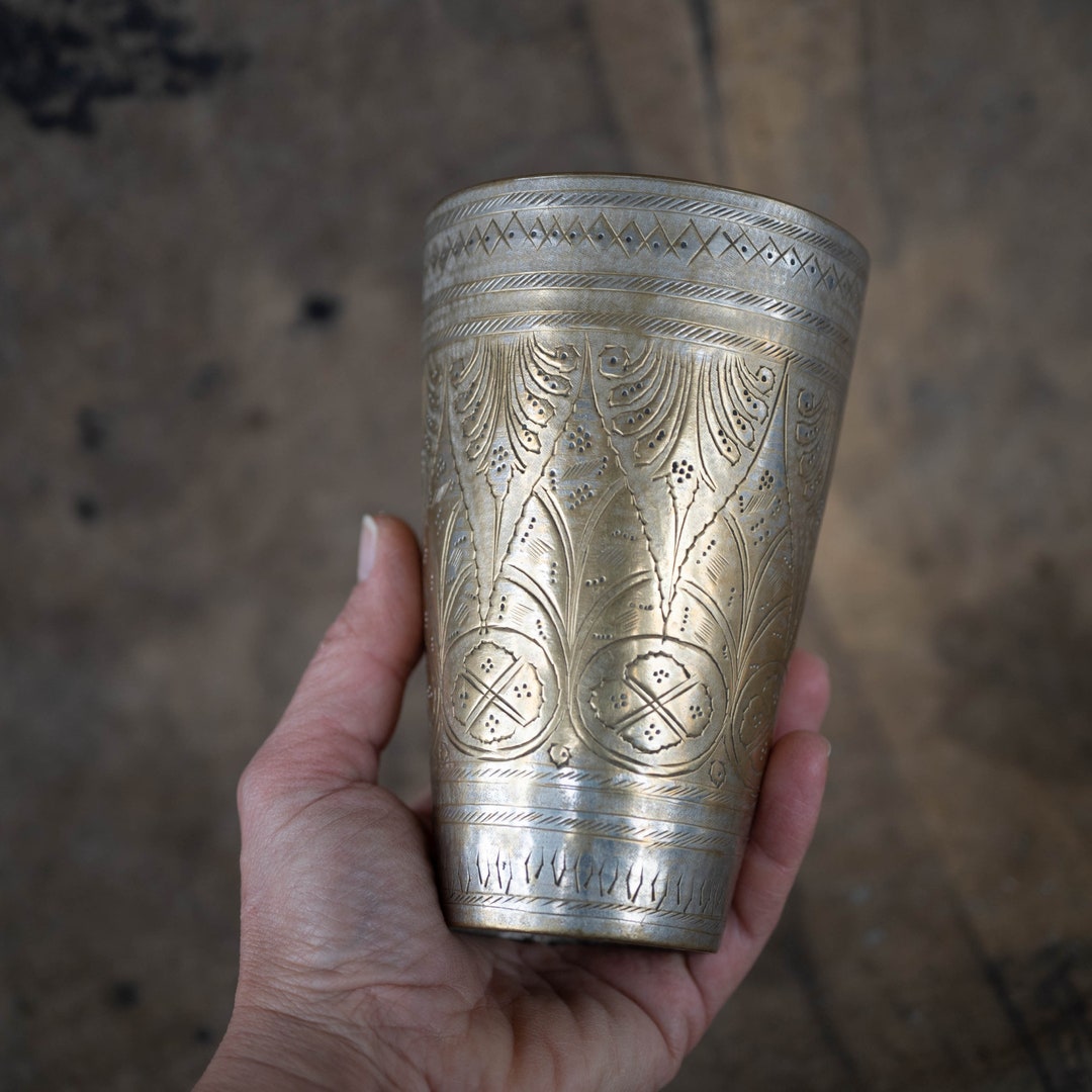 Antique Metal Beaker Silver Etched Cup Tribal Cup Planter - Etsy