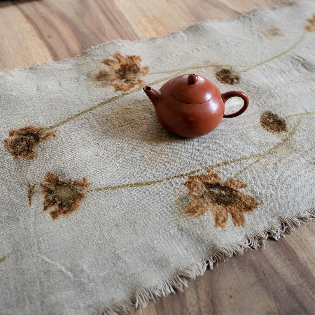 Rustic Linen Tea Runner Hand Dyed Tea Mat Handmade Floral Altar Cloth ...
