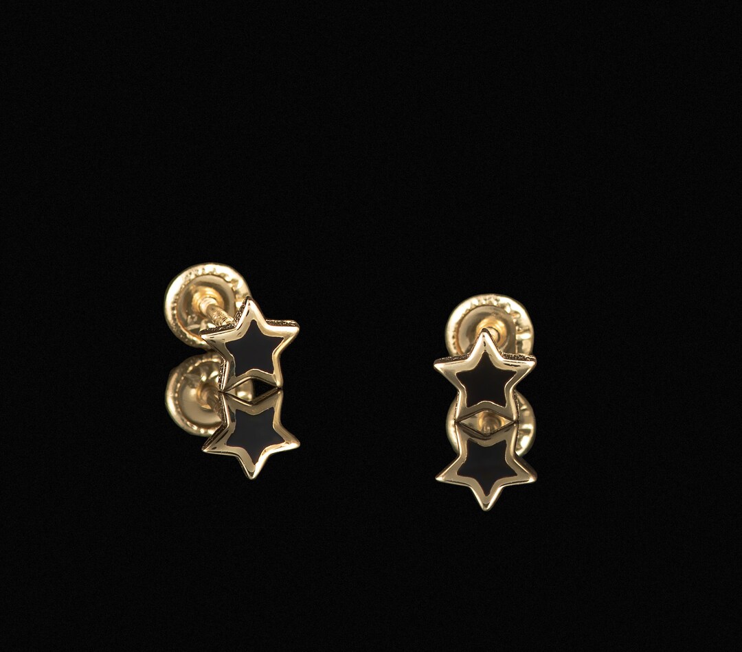 14k Gold Mini Star Screw Back Earrings, Black Enamel Studs - Etsy