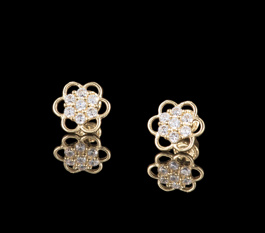 14k Gold Hallow Pedal Flower With Center Cubic Zirconia Cluster Screw ...