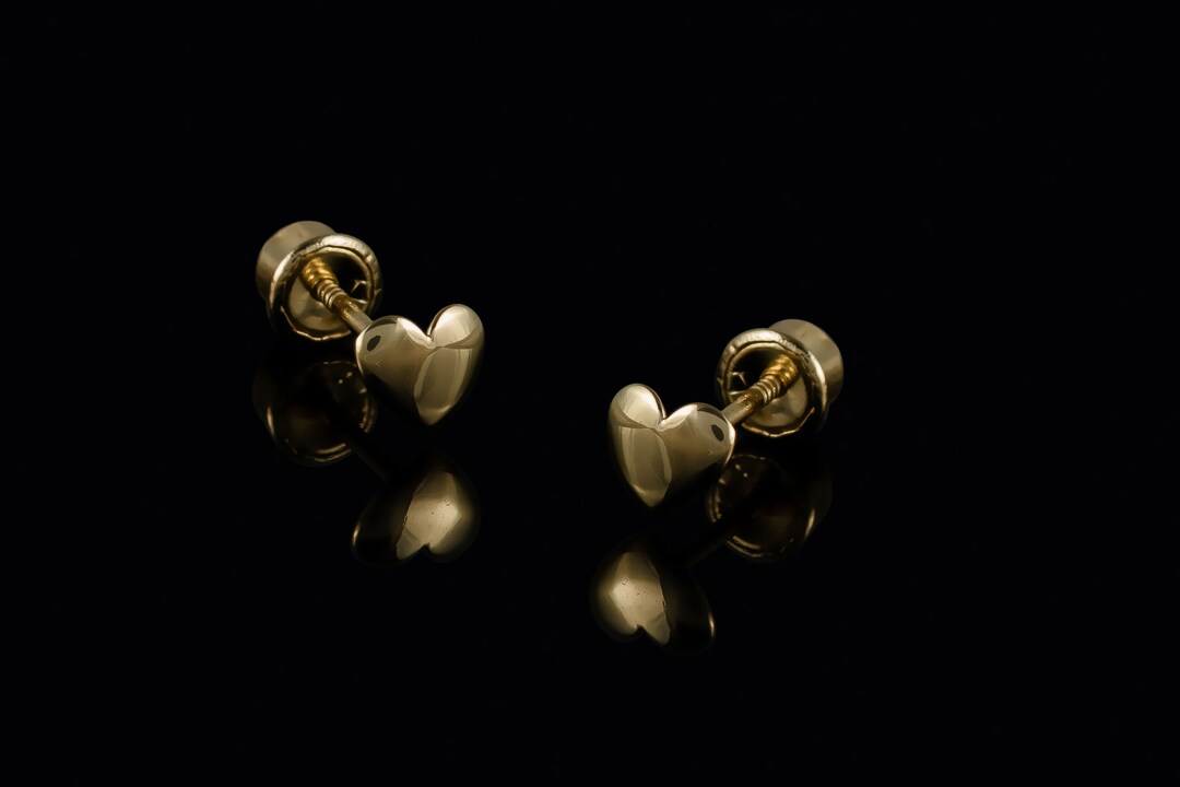 14k Solid Gold Mini Puffed Heart Screw Back Earrings, Gold Cute Dainty ...