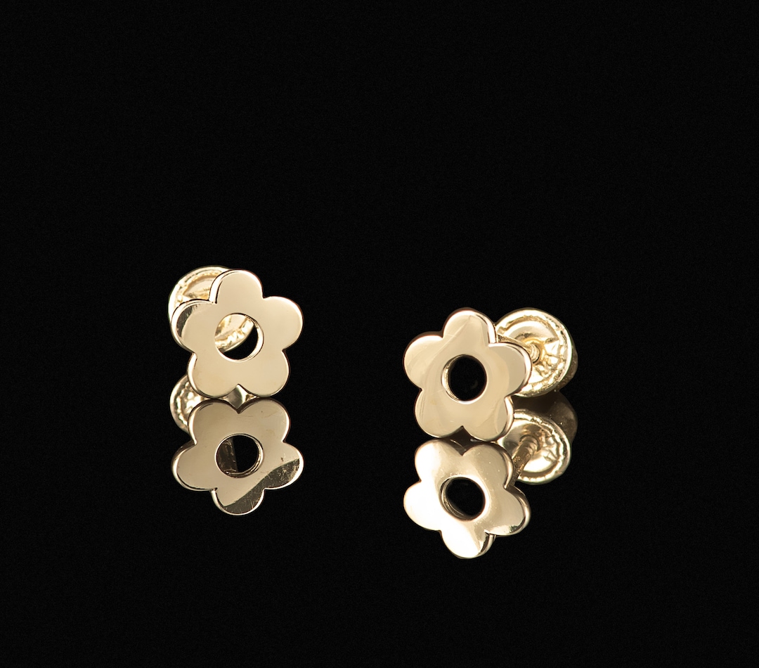 14k Gold Mini Plain Flower Screw Back Earrings, Minimalist Flower Screw ...