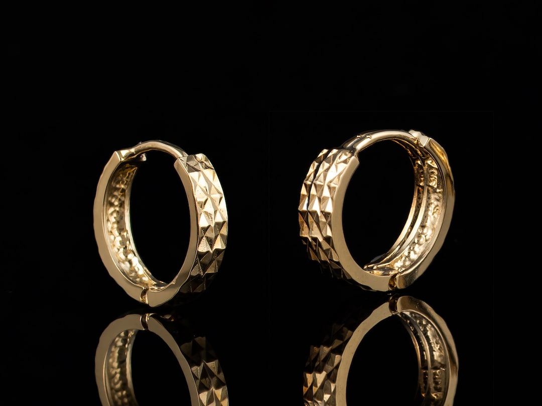 14k Yellow Gold Diamond Cut Hoop Earrings, 14k Gold Cute Diamond Cut ...