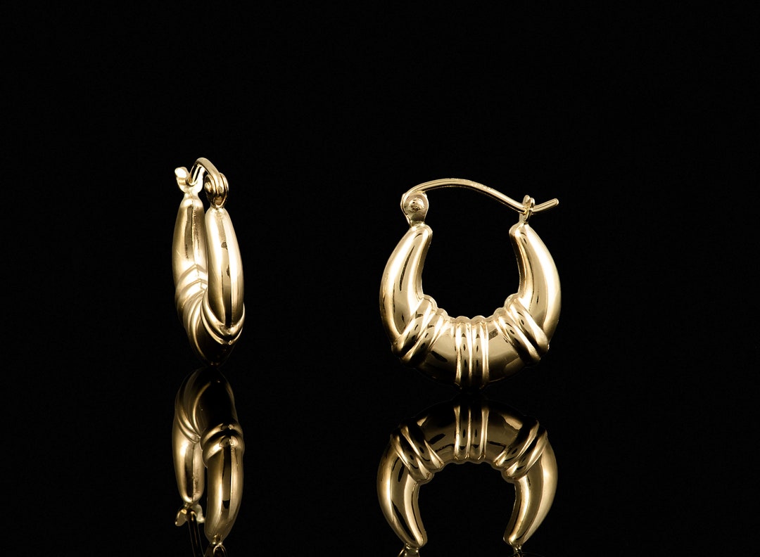 14k Gold Three Ridge Shrimp Hoops, Small Everyday Earrings - Etsy