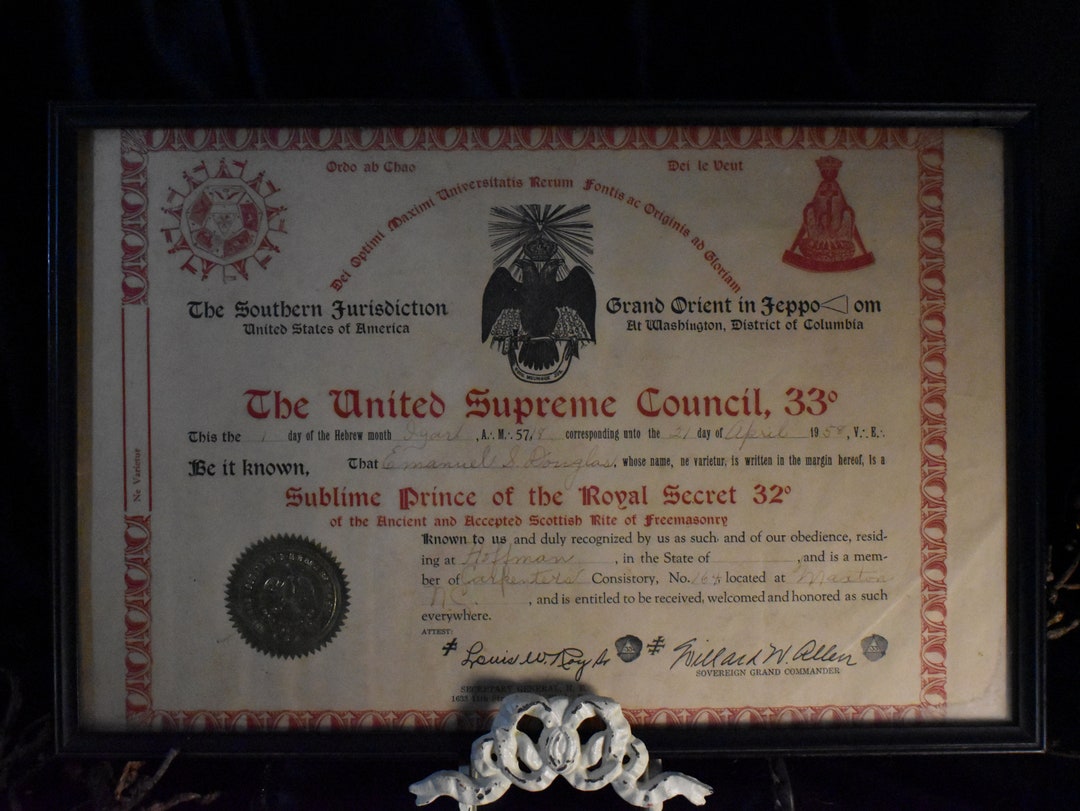 Framed United Supreme Council Certificate, 33 Degree Vintage 1958 ...