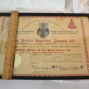 Framed United Supreme Council Certificate, 33 Degree Vintage 1958 ...