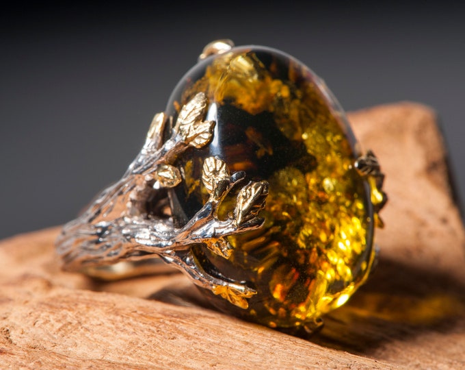 Gorgeous Amber Ring With Natural Crust , Luxurious Green Amber Ring ...