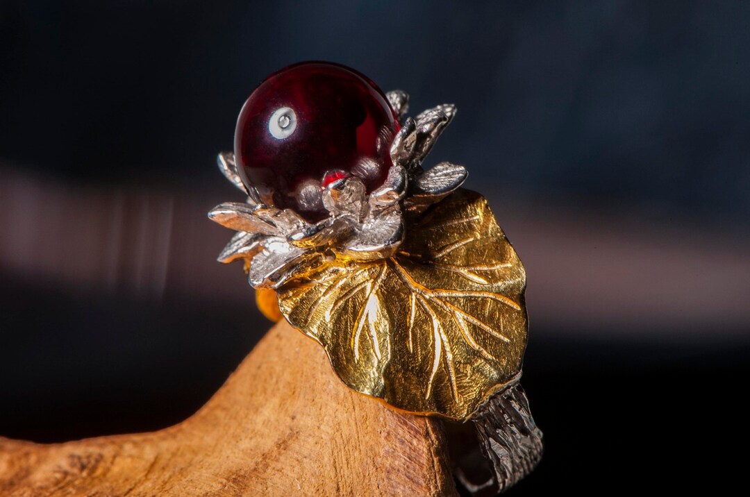 Amber Ring With Red Ball lotus, Baltic Amber Ring, Red Stone Ring, Red ...