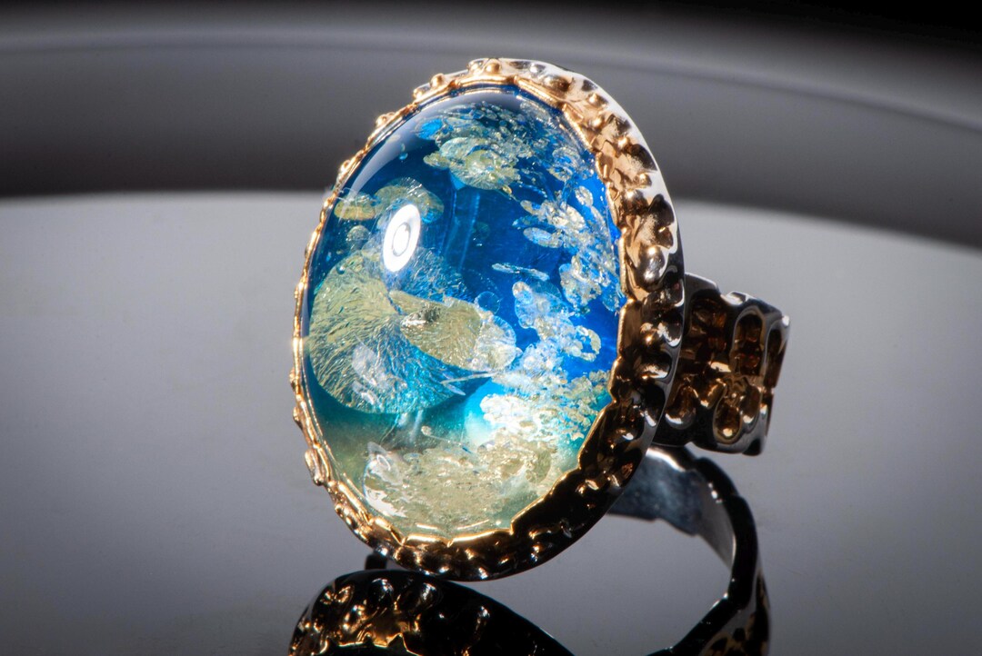 8 Size Ring, Natural Blue Amber Ring, Handmade, Golden Sparkles - Etsy