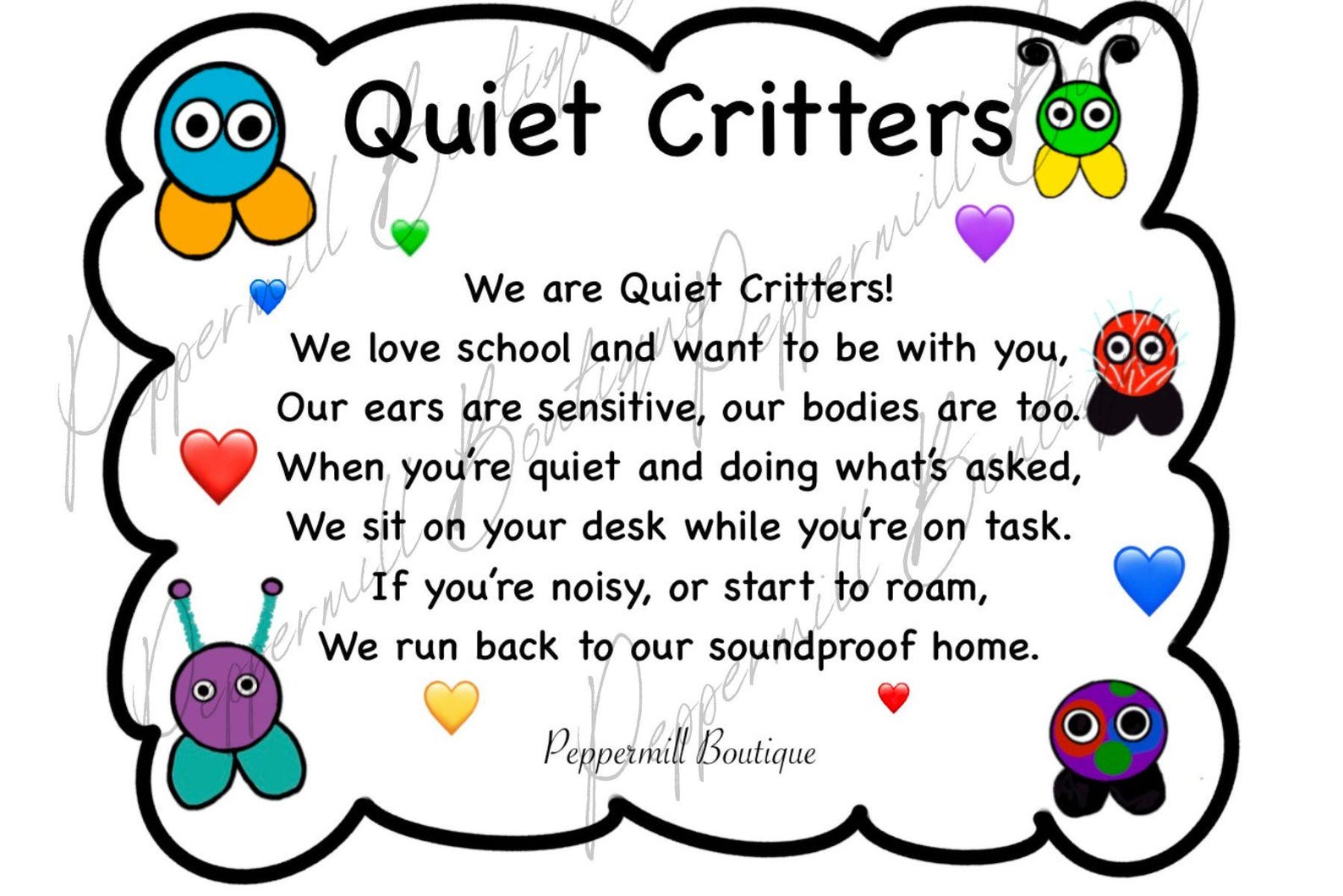 Quiet Critters Poem Label Digital Download Print Quiet Critter Reward ...
