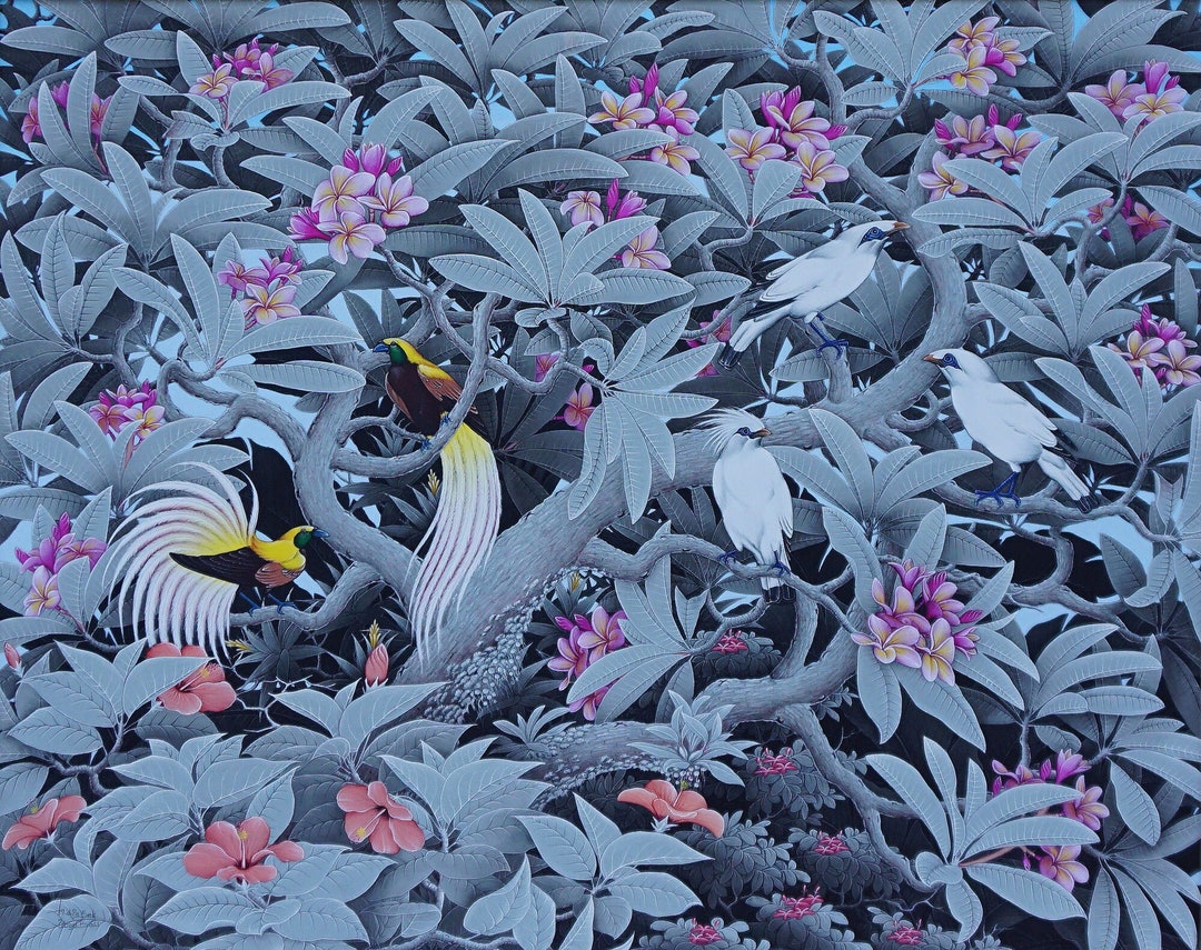 Balinese Plumeria & Birds Painting - Original Art Deco Landscape - Etsy