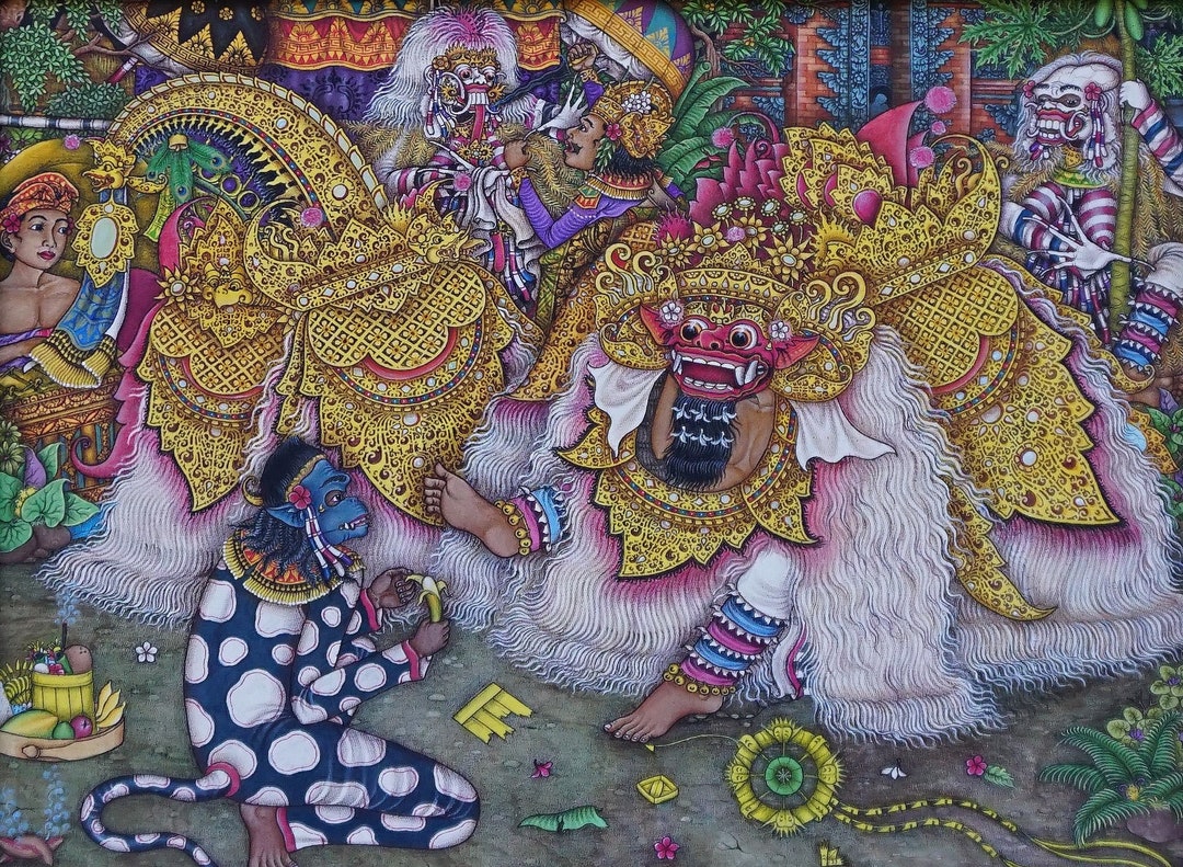 Vibrant Balinese Barong Dance Art, Hand-painted Watercolor, Traditional ...
