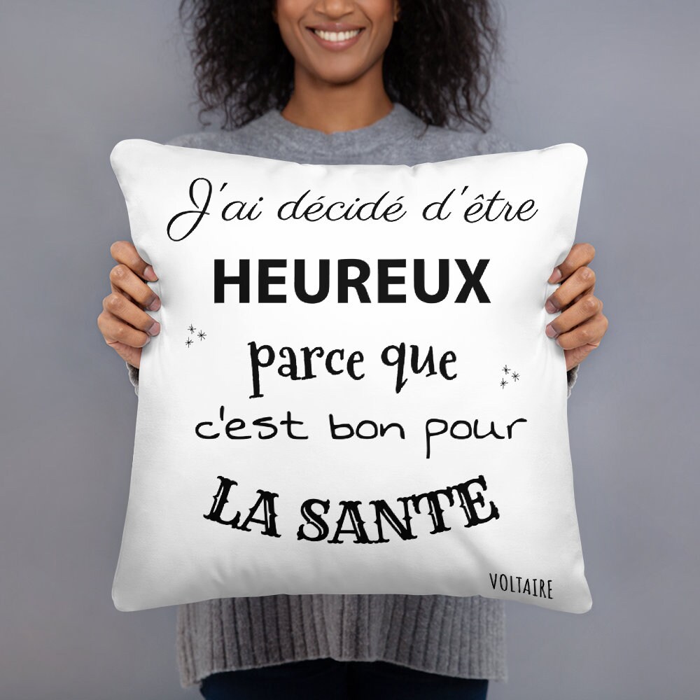 Coussin décoratif en tissu imprimé citation bonheur Voltaire - Etsy France