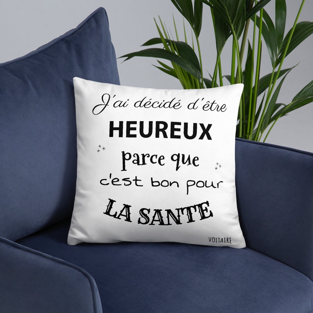 Coussin décoratif en tissu imprimé citation bonheur Voltaire - Etsy France