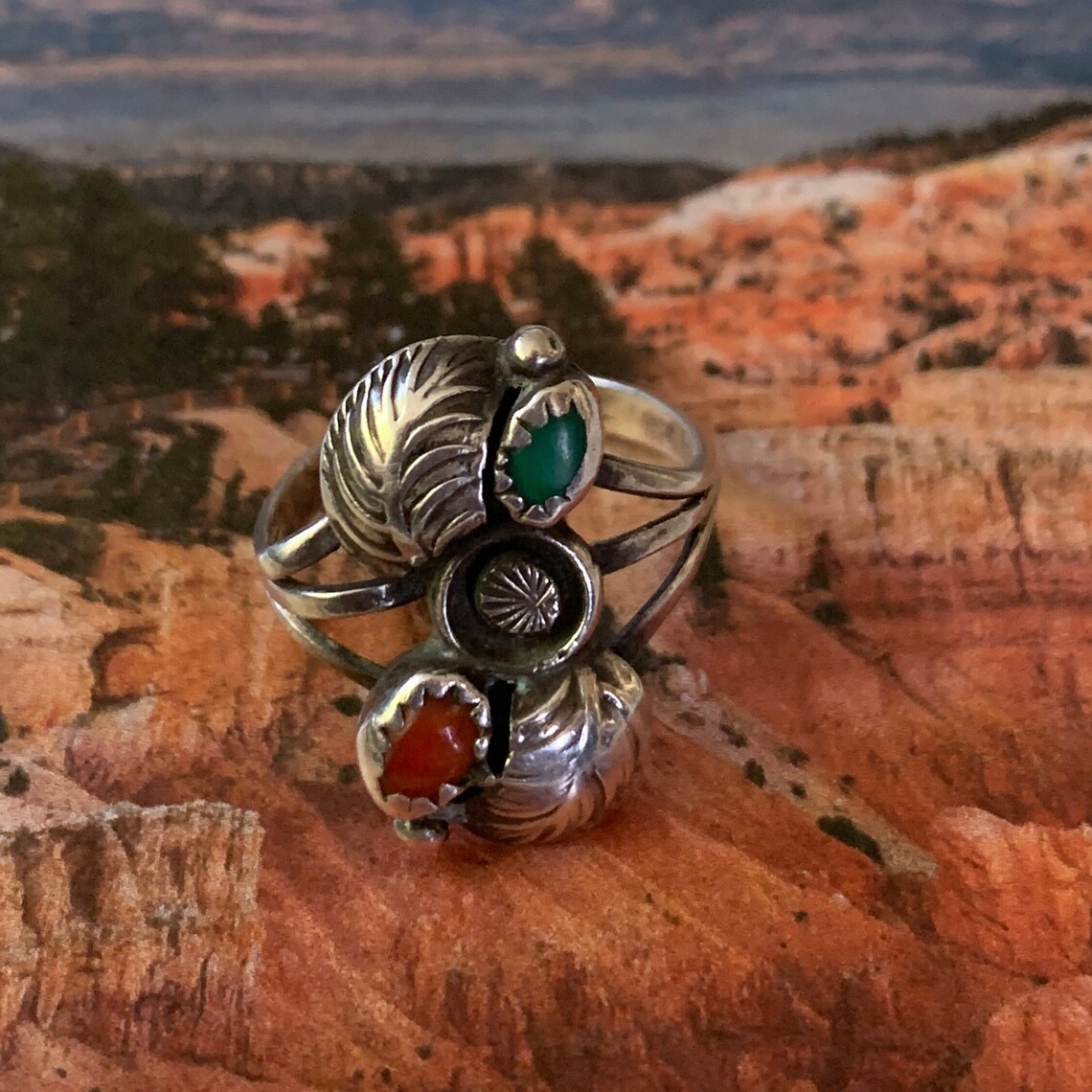 Vintage Sterling Silver Leaf Ring With Turquoise and Coral, Silver ...