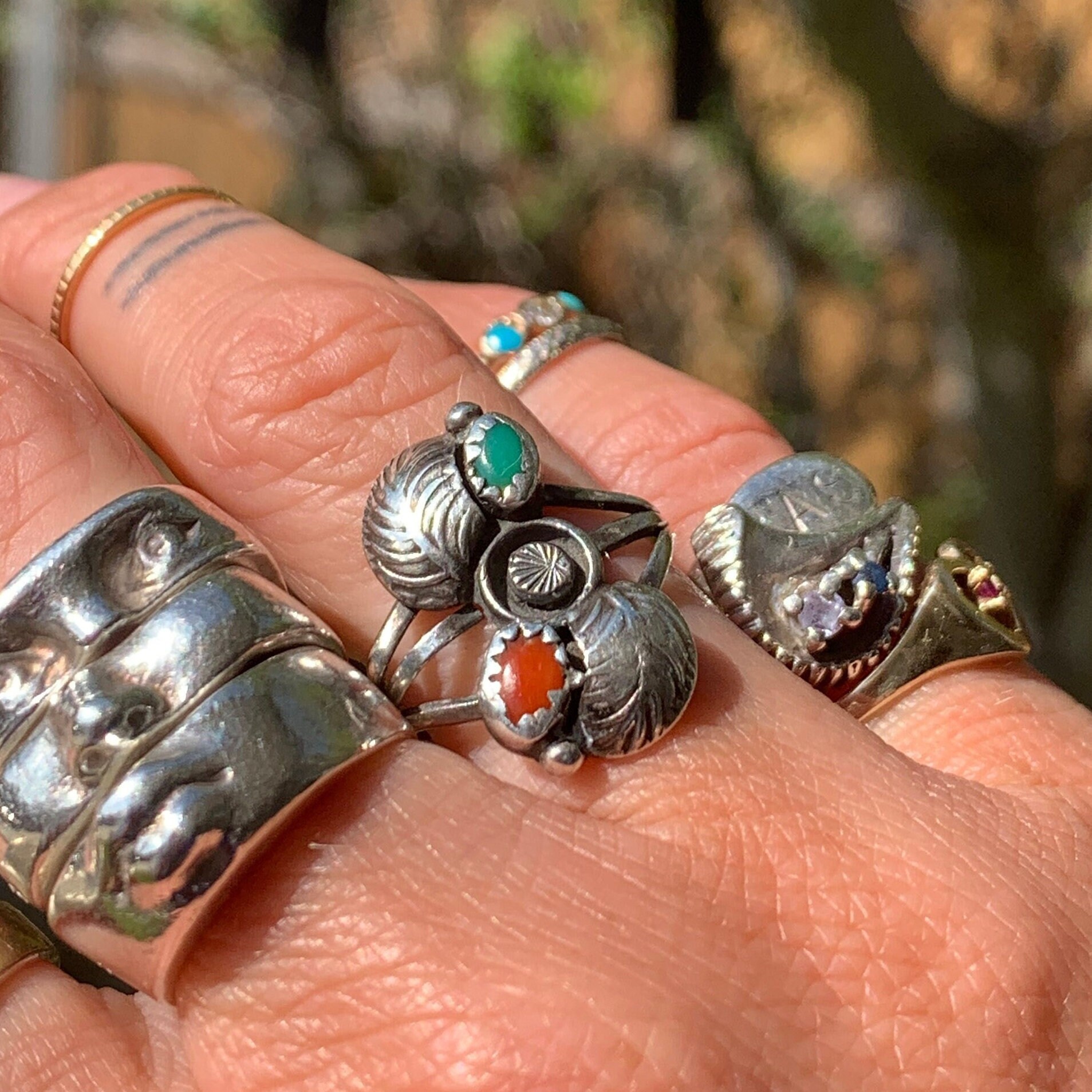 Vintage Sterling Silver Leaf Ring With Turquoise and Coral, Silver ...
