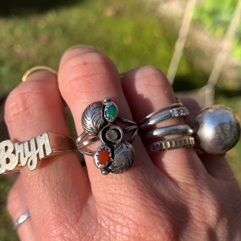 Vintage Sterling Silver Leaf Ring With Turquoise and Coral, Silver ...