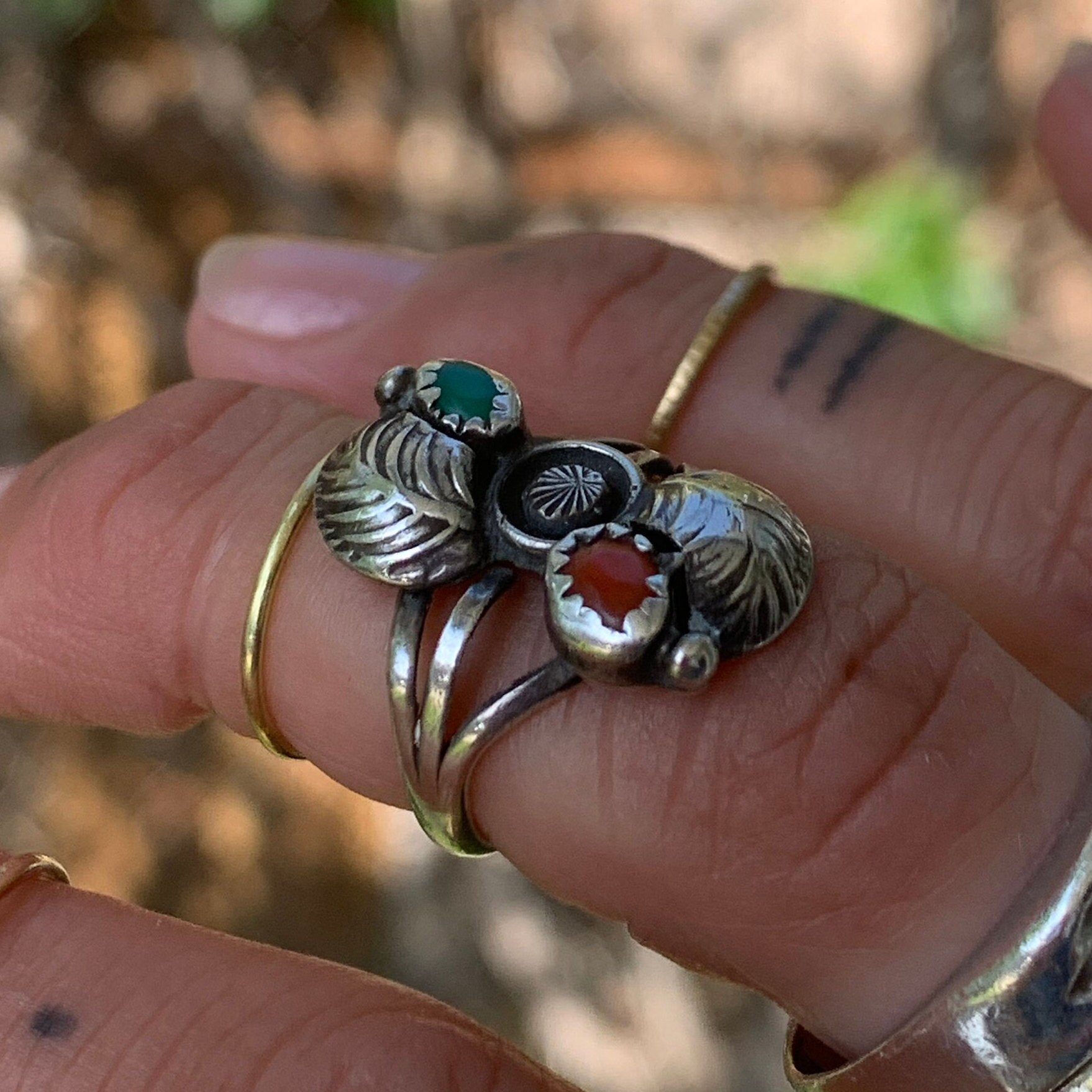 Vintage Sterling Silver Leaf Ring With Turquoise and Coral, Silver ...