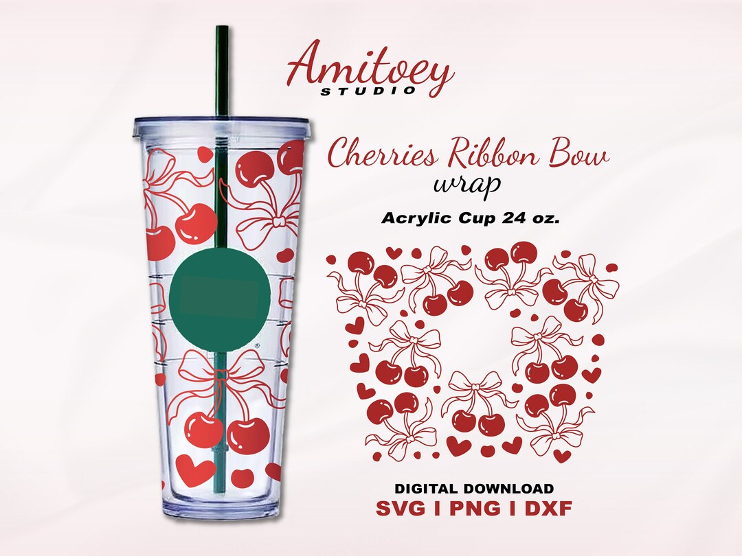 Cherries Ribbon Bow SVG Full Wrap for Acrylic Cup 24 Oz. L SVG, PNG ...