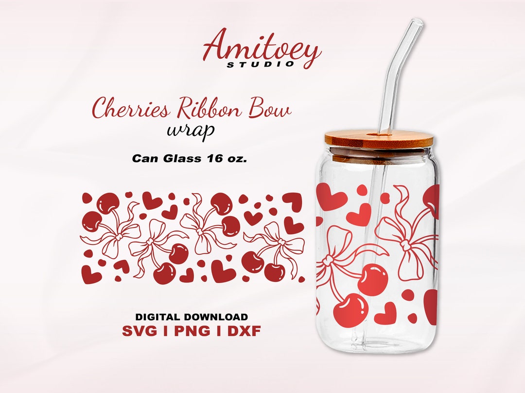 Cherries Ribbon Bow SVG Full Wrap for Can Glass 16 Oz. L SVG, PNG, and ...