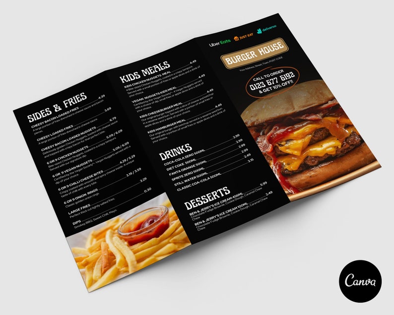 Burger Restaurant Menu Template: Tri-fold Canva Design - Etsy
