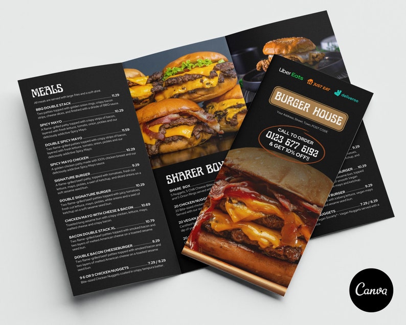 Burger Restaurant Menu Template: Tri-fold Canva Design - Etsy