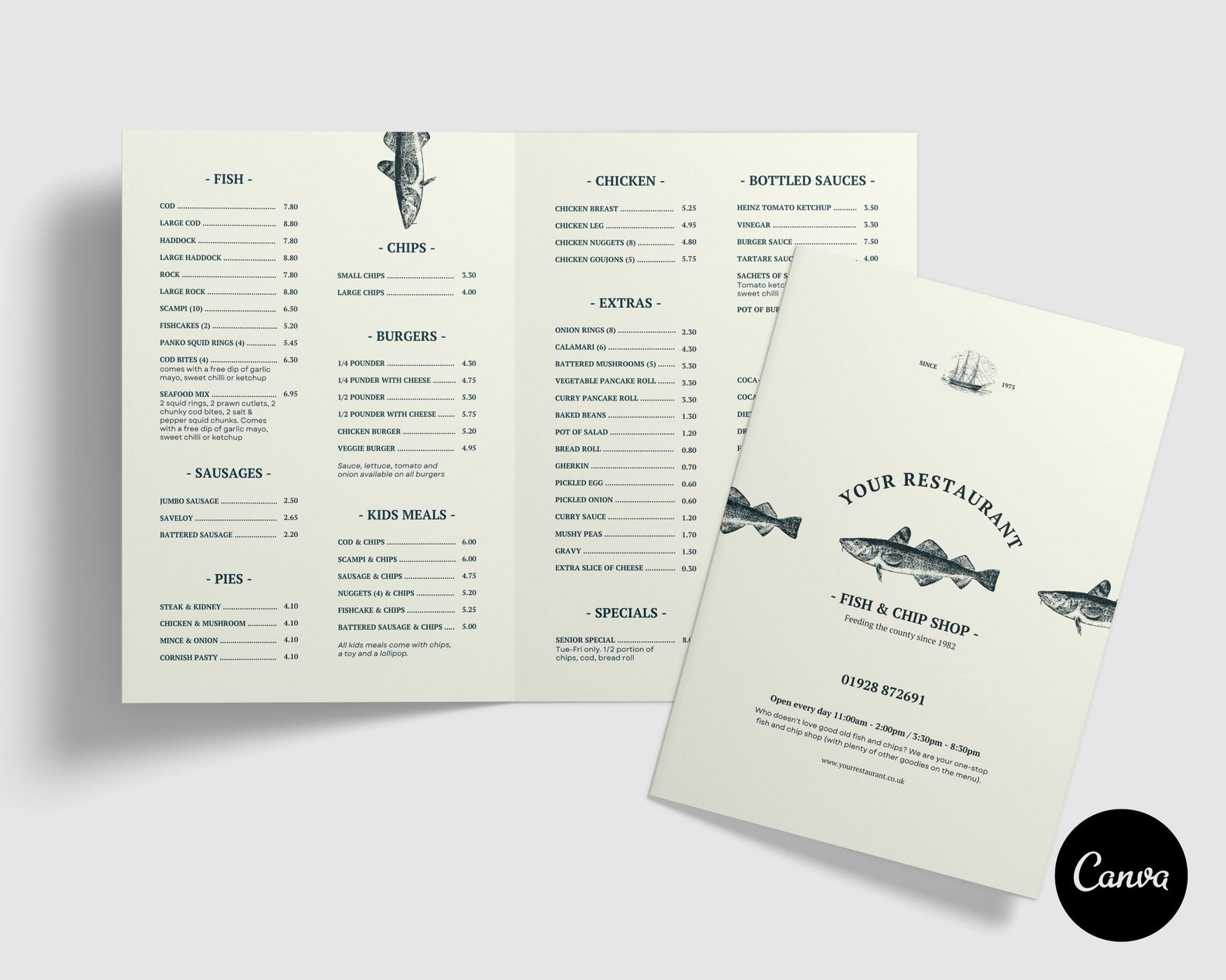 Canva Bi-fold Fish & Chips Menu // Folded Seafood Menu Template ...