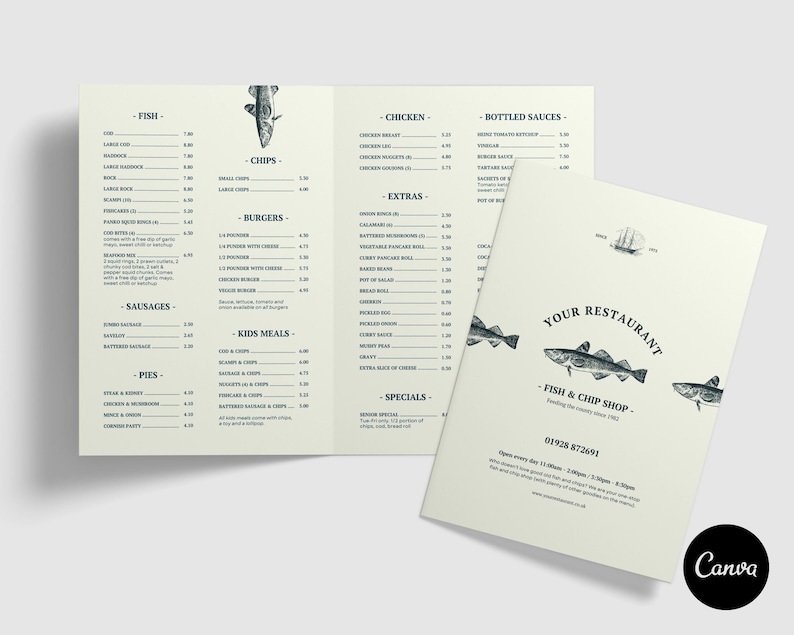 Fish & Chips Menu Template: Bi-fold Seafood Design (canva) - Etsy UK