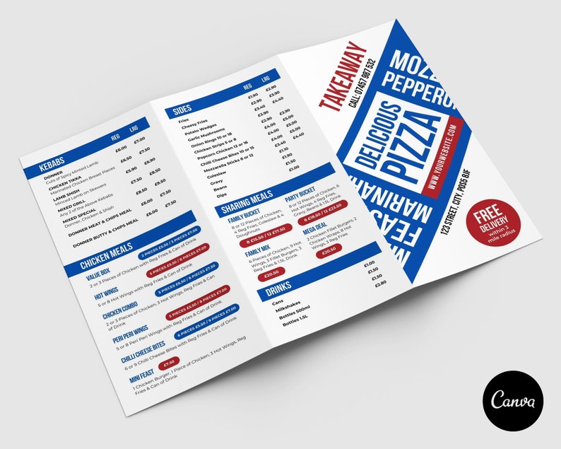 Canva Pizza Fast Food Menu // Tri-fold Takeaway Menu Template // Tri ...