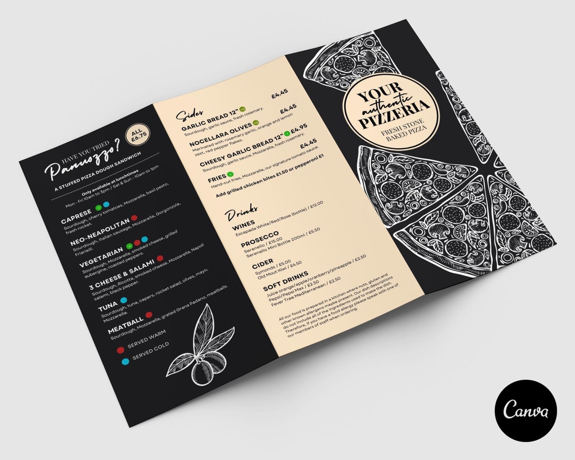 Tri-fold Pizzeria Menu Template: Customizable Canva Design ...