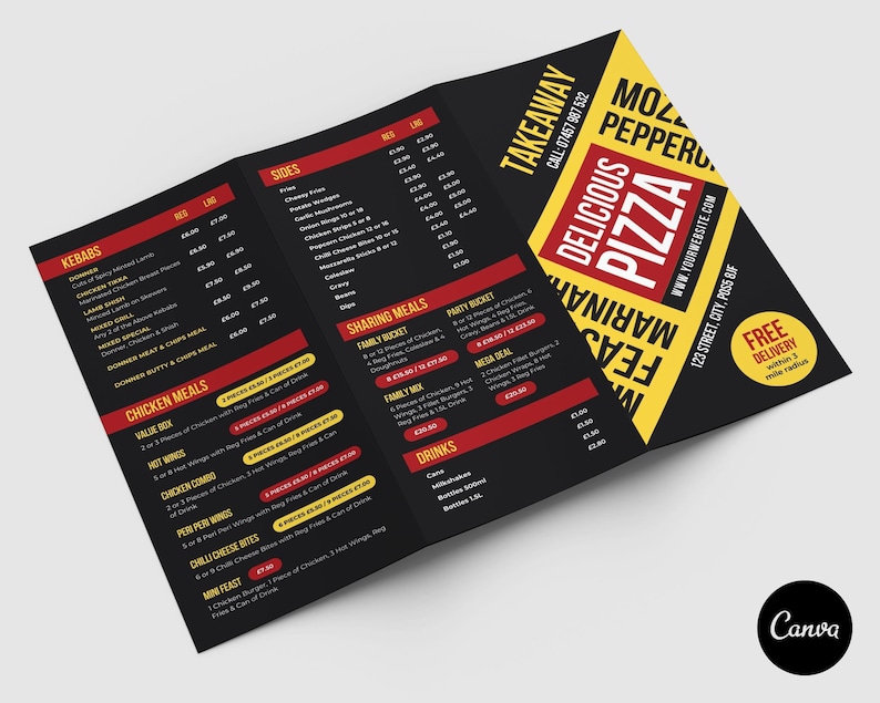 Takeaway Pizza Menu: Tri-fold Restaurant Canva Template (digital ...